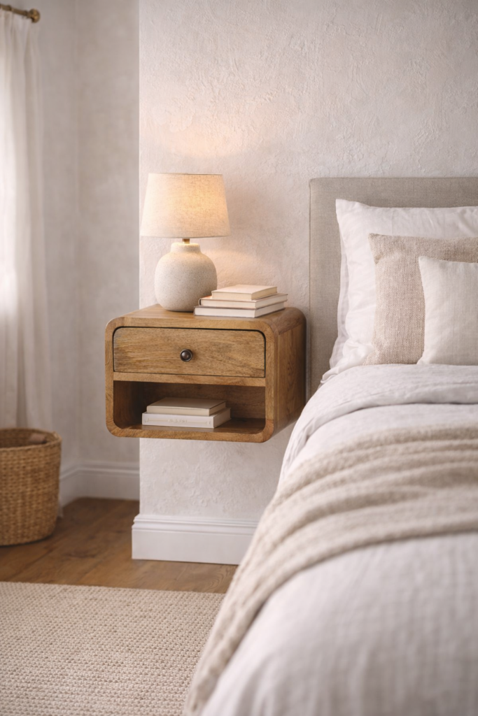 Floating Solid Wood Bedside Table with Drawer and Open Shelf – Oak ...
